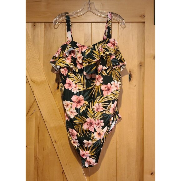 Kona Sol | Swim | Kona Sol Size 24w Black Pink Tropical Ruffle ...